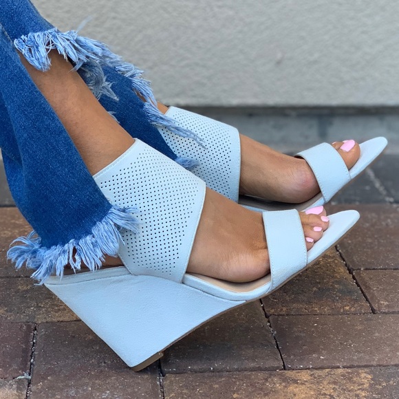 Urban Outfitters | Shoes | Powder Blue Perforated Band Slingback Wedge ...